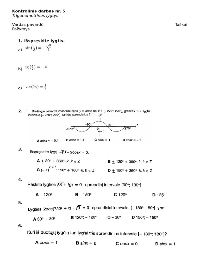 Kontrolinis Darbas Trigonometrinės Lygtys | PDF