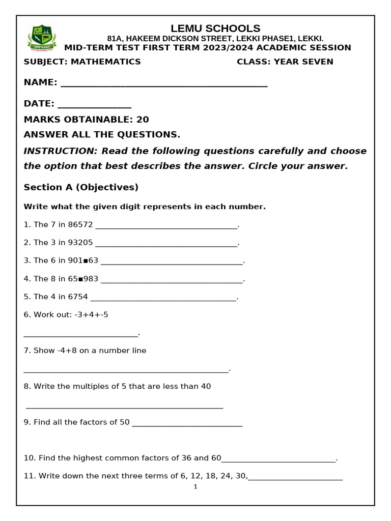 Year 7 Mathematics Mid-Term Test | PDF