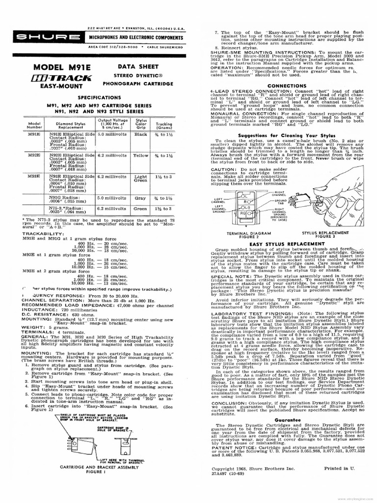 Ve Shure M91e 92e 93e Data Sheet en 1968 | PDF