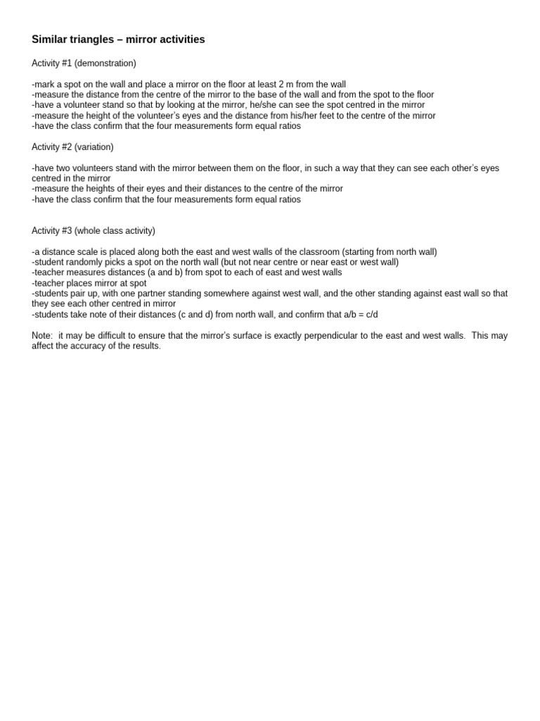 Mirror Activities (Similar Triangles) | PDF