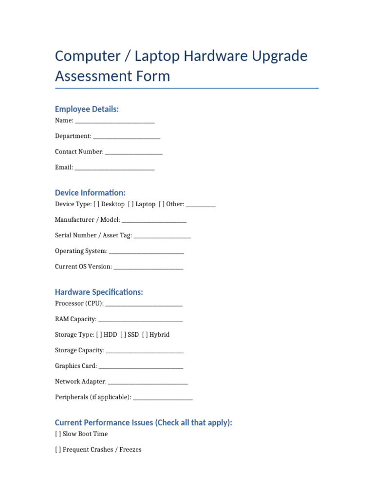 Laptop Hardware Upgrade Assessment Form | PDF