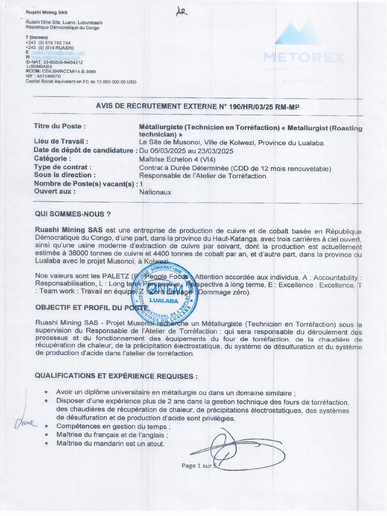 Ruashi Mining - Projet Musonoi - Avis de Recrutement - Métallurgiste (Technicien en Torréfaction ...