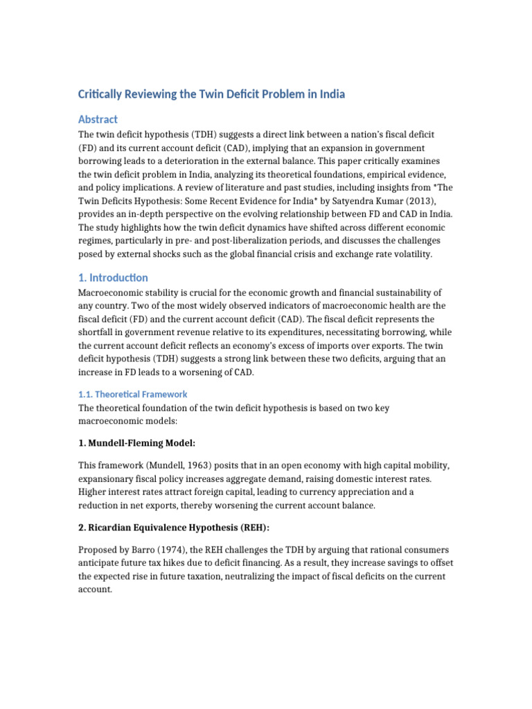 Twin Deficit Problem India Review Paper | PDF | Government Budget ...