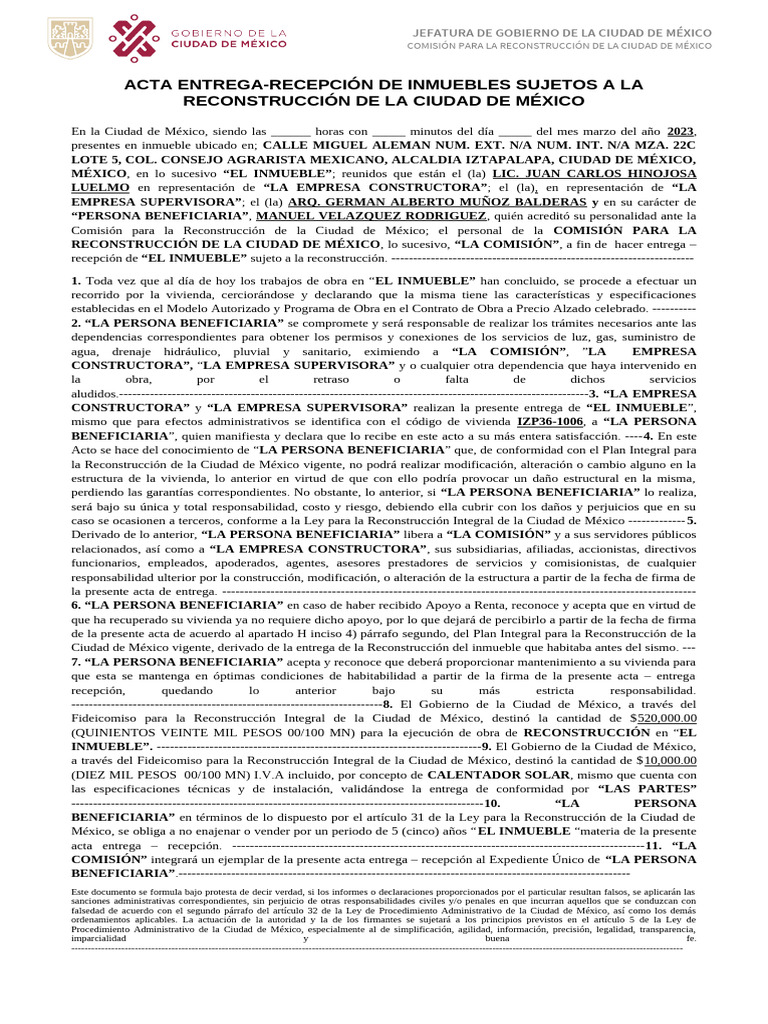 ACTA-ENTREGA IZP36-1006 Miguel Aleman | PDF | México