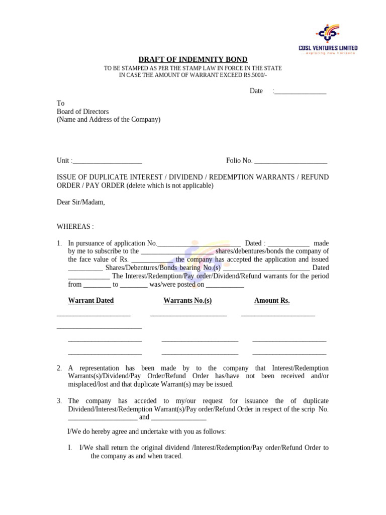 13-Draft of Indemnity Bond | PDF | Indemnity | Private Law