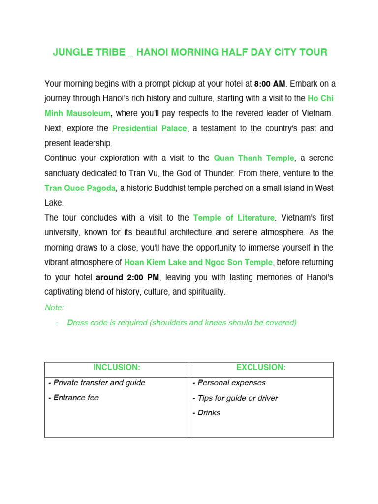 Hanoi City Tour - Haft Day - JT | PDF