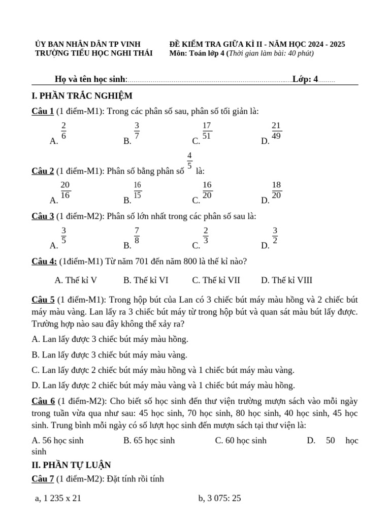 ĐỀ D. Toán 4 GK2 | PDF