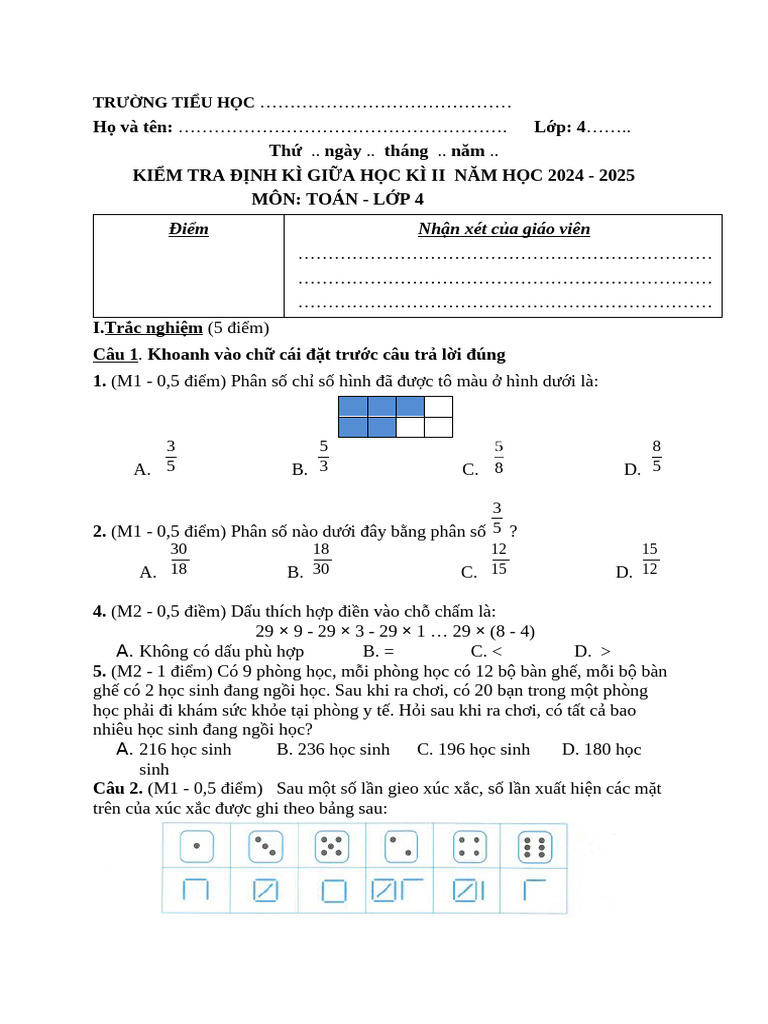 ĐỀ B. Toán 4 GK2 | PDF