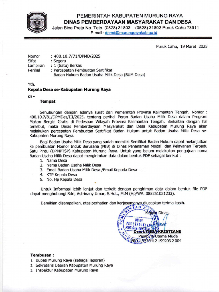 Surat DPMD Percepatan Pembuatan Sertifikat | PDF