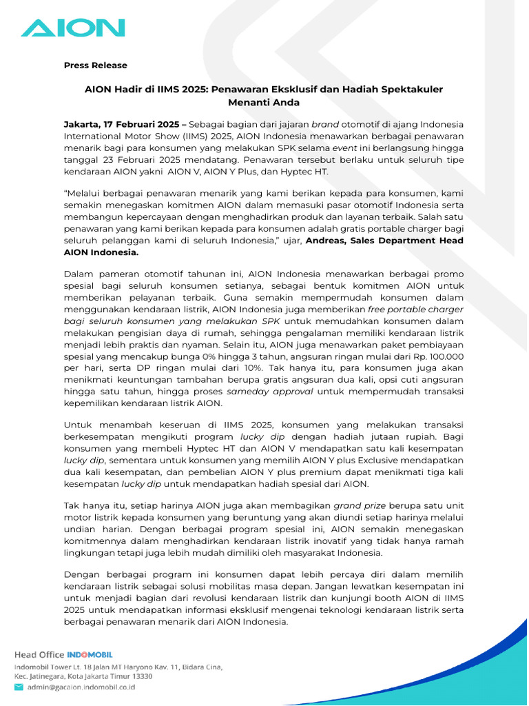 Siaran Pers - AION Hadir Di IIMS 2025 - Penawaran Eksklusif Dan Hadiah ...