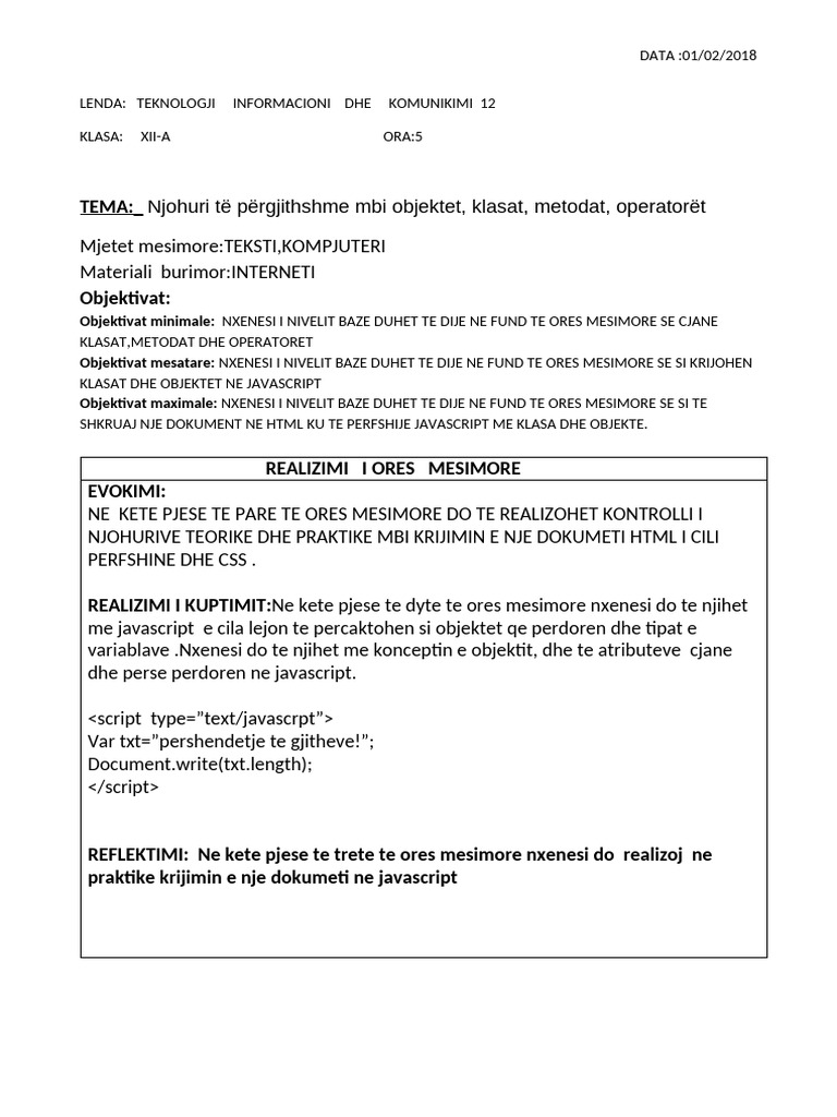 Njohuri Të Përgjithshme Mbi Objektet, Klasat, Metodat, Operatorët | PDF