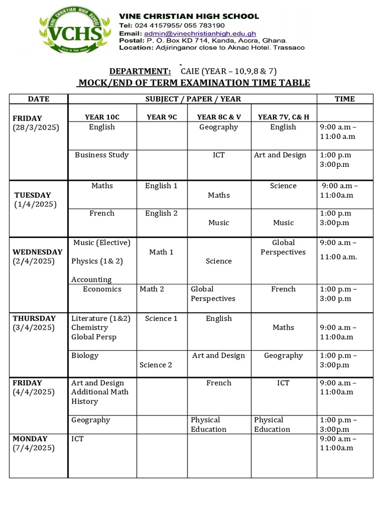 CAIE Year 7-10 Exam Timetable 2025 | PDF