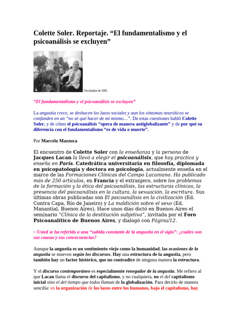 Colette Soler Entrevistas | PDF | Psicoanálisis | Jacques Lacan