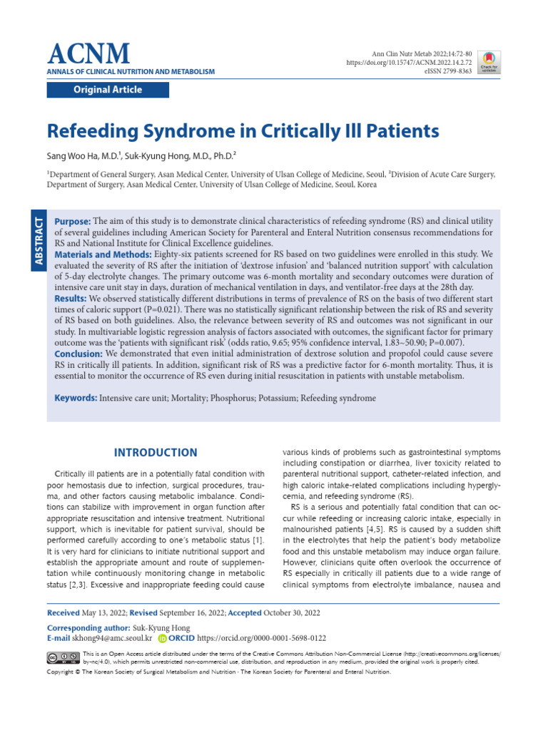 Refeeding Syndrome | PDF | Intensive Care Medicine | Intensive Care Unit