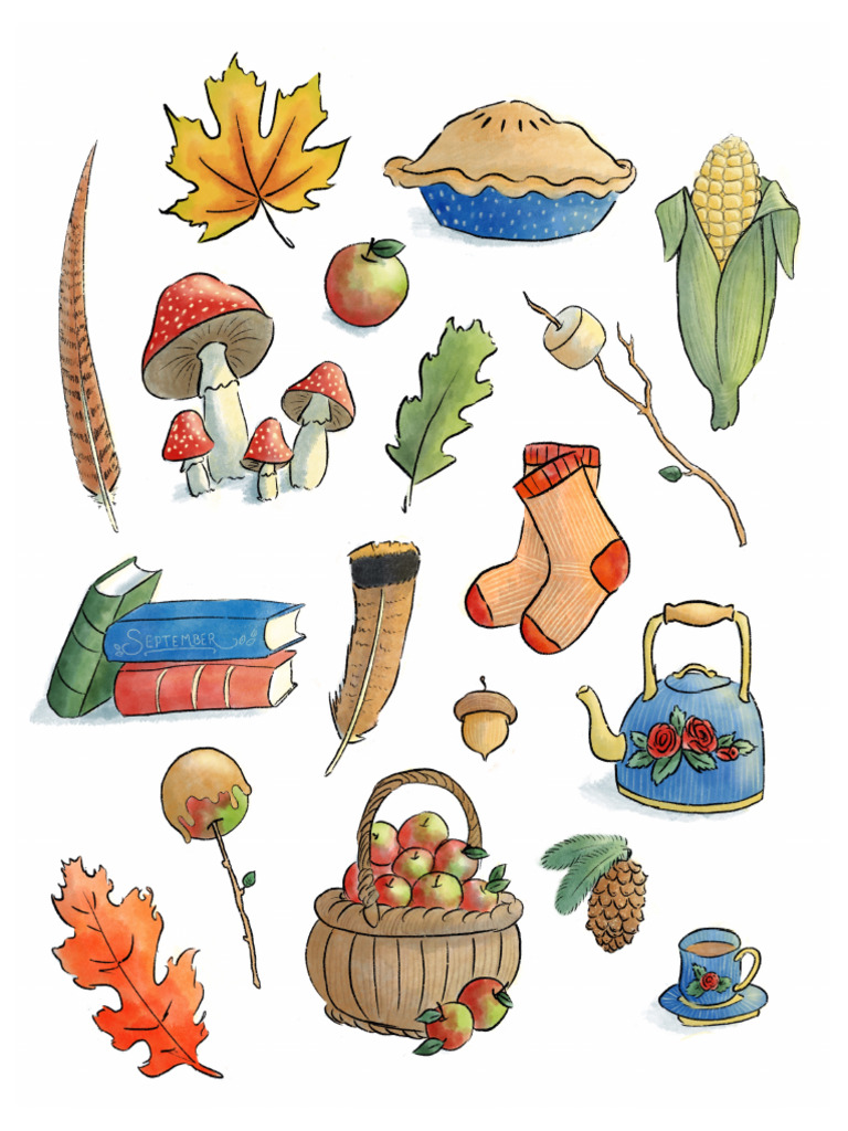 Autumn Stickers Full Color and Line Drawing | PDF