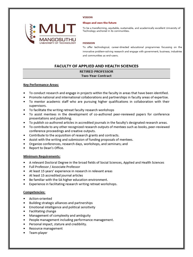 Advert Retired Professor Faculty of Applied and Health Sciences | PDF ...