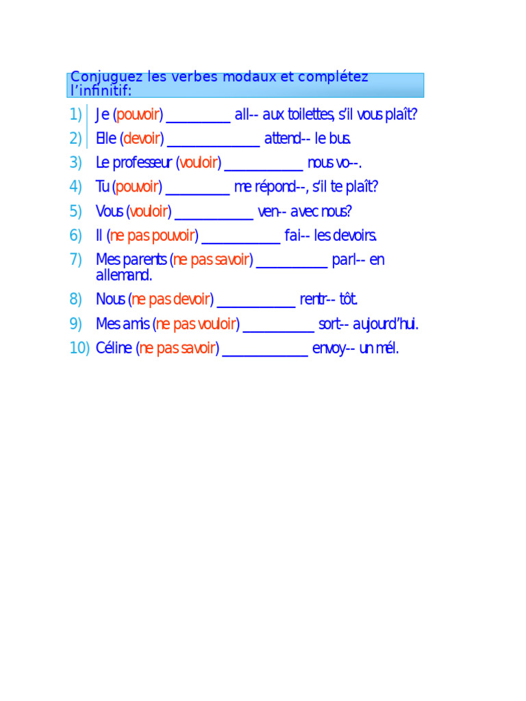 Exercices sur les verbes modaux français | PDF