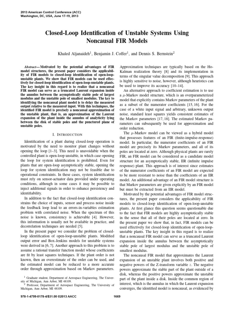 [Alj13]Closed-loop_identification_of_unstable_systems_using_noncausal_FIR_models | PDF | Control ...