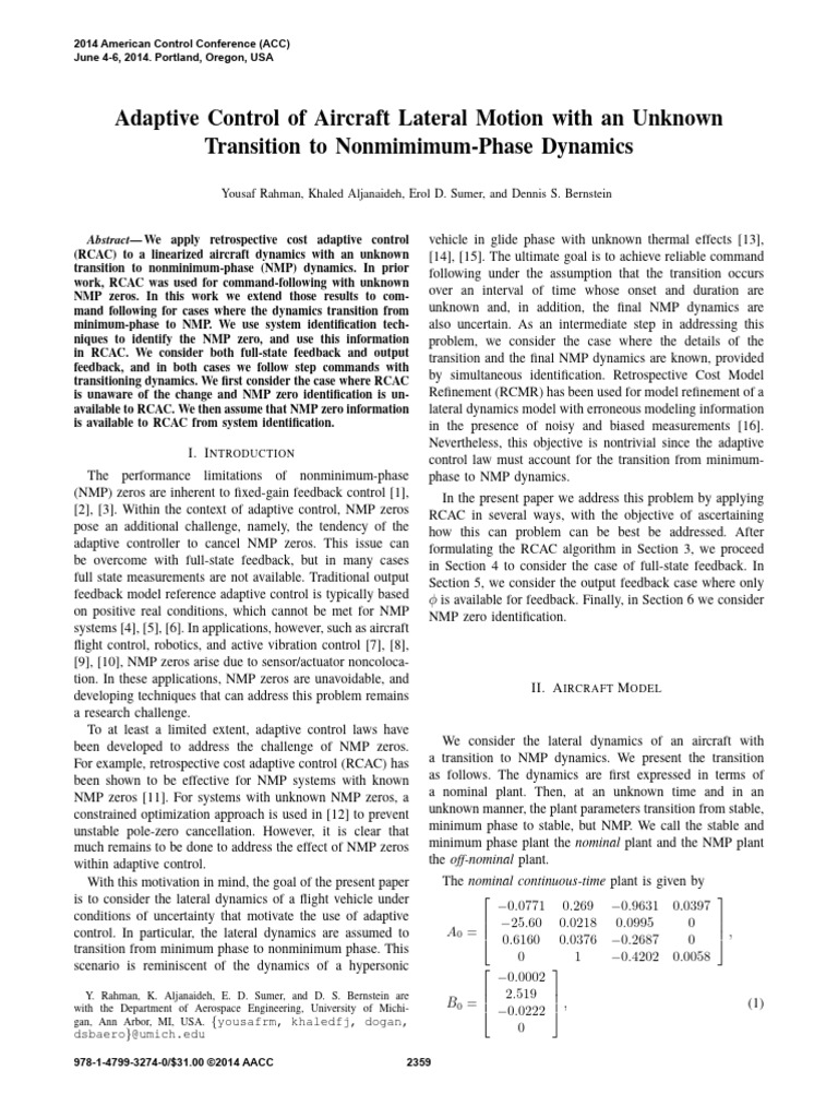 (Alj14) Adaptive Control of Aircraft Lateral Motion With An Unknown ...