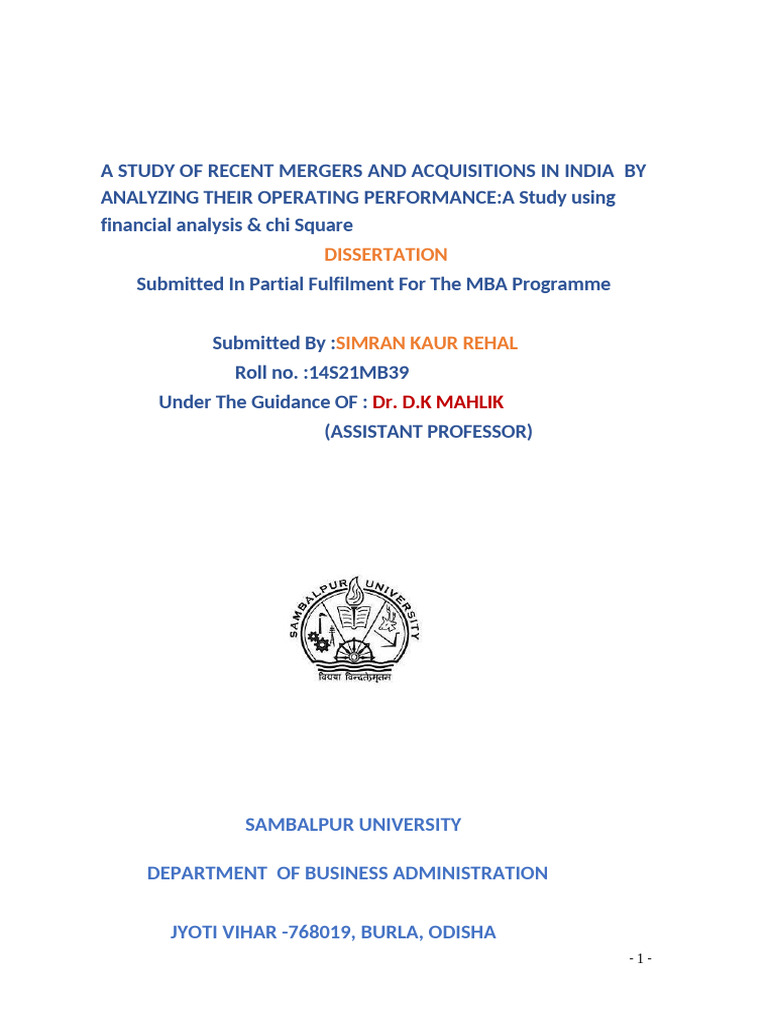 Simran kaur dissertation | PDF | Mergers And Acquisitions | Takeover