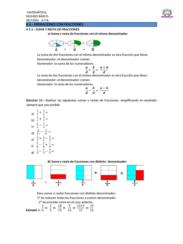 Repaso Operaciones Con Fracciones - 0 (1) SEGUNDO BÁSICO. | PDF ...