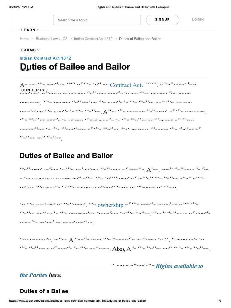 Duties of Bailee and Bailor With Examples | PDF