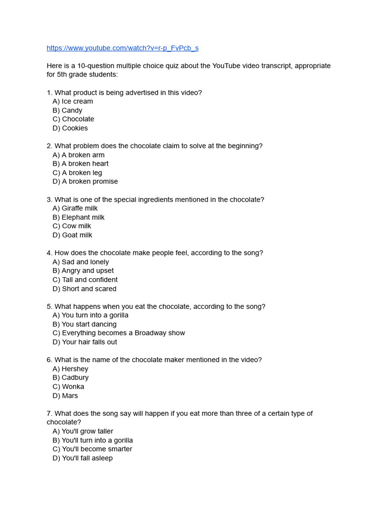 Willy Wonka Quiz for 5th Graders | PDF