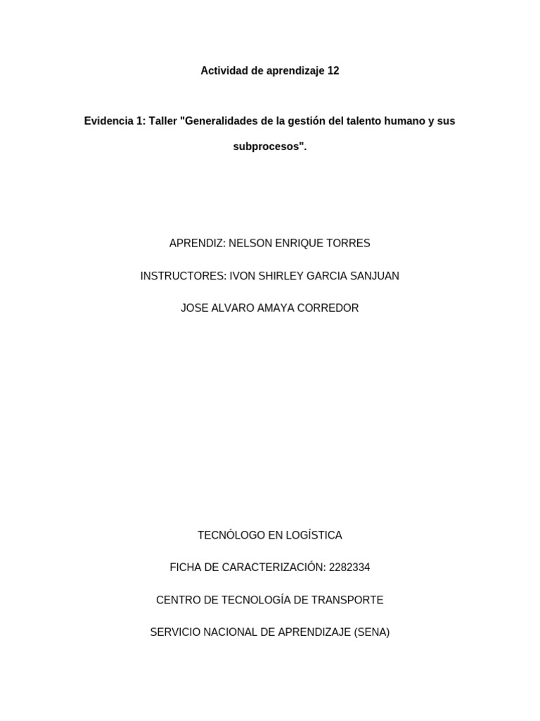 EVIDENCIA 1 Taller Generalidades de La Gestión Del Talento Humano y Sus Subprocesos. | PDF ...