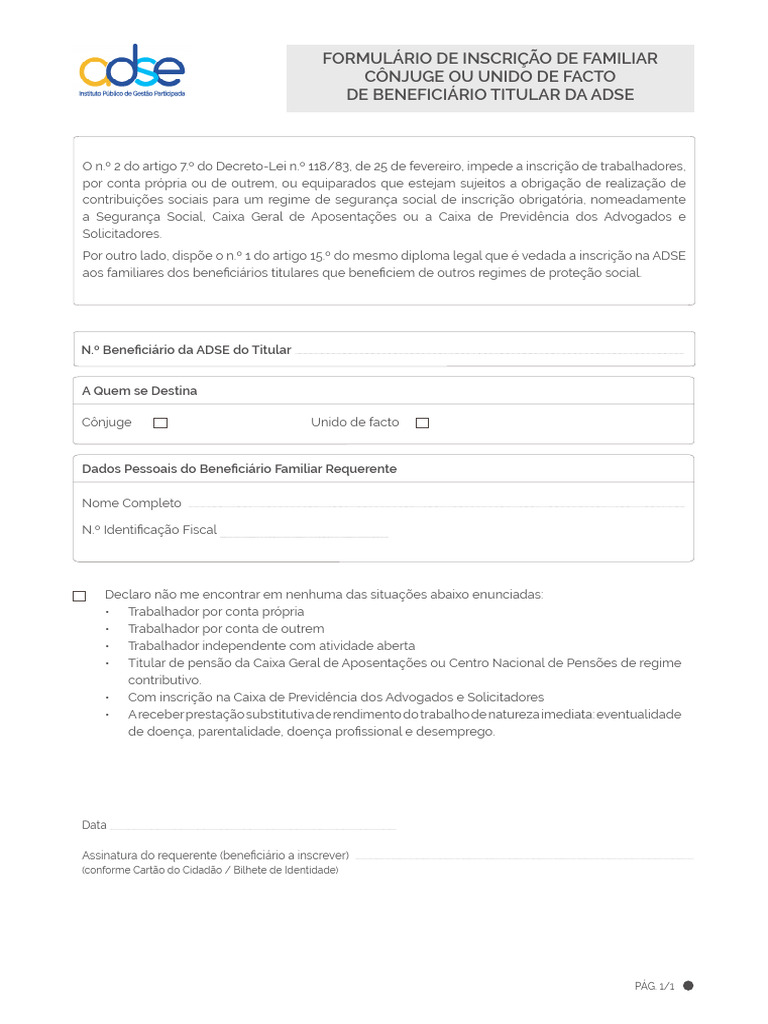 FORMULARIO Inscricao de Familiar Conjuge Ou Uniao de Facto de ...
