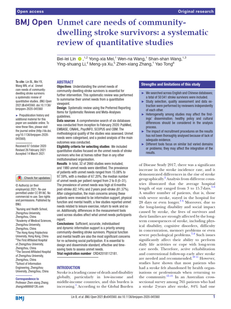 Unmet Care Needs of Community Dwelling Stroke Survivors | PDF ...