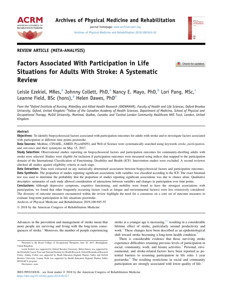 Factors Associated With Participation in Life Situations For Adults ...