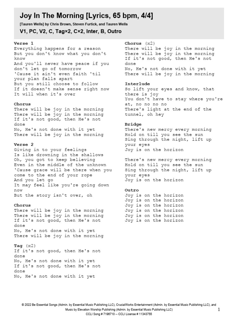 Joy in the Morning Lyrics Overview | PDF | Song Structure | Songs