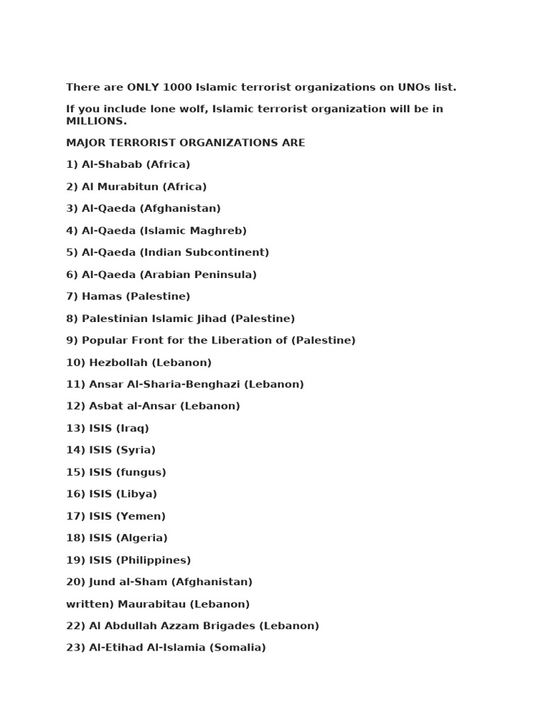 There Are ONLY 1000 Islamic Terrorist Organizations On UNOs List | PDF ...