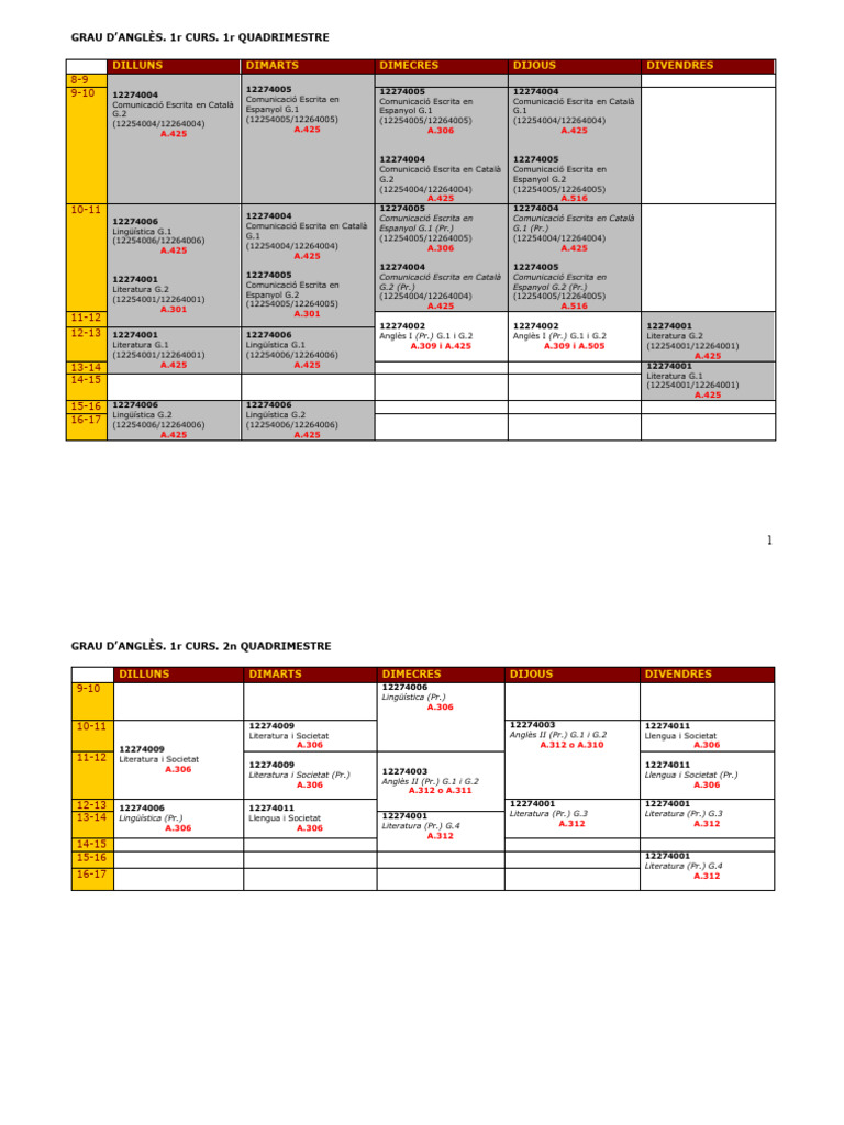 TIMETABLE Urv | PDF