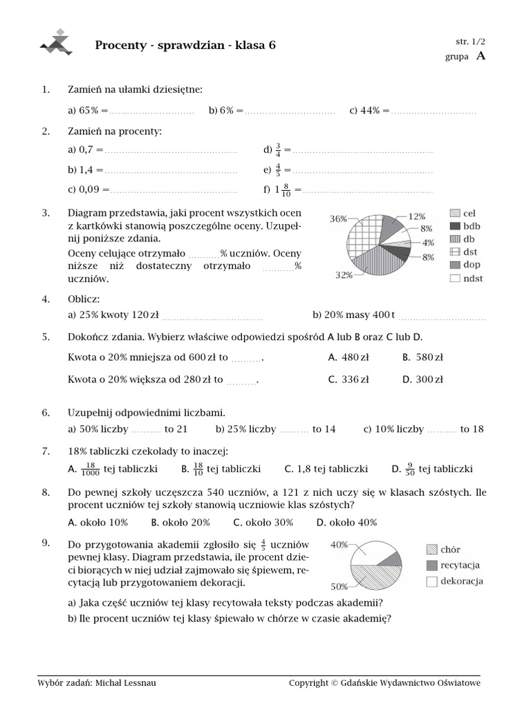Klasa 6 - Procenty - Sprawdzian | PDF