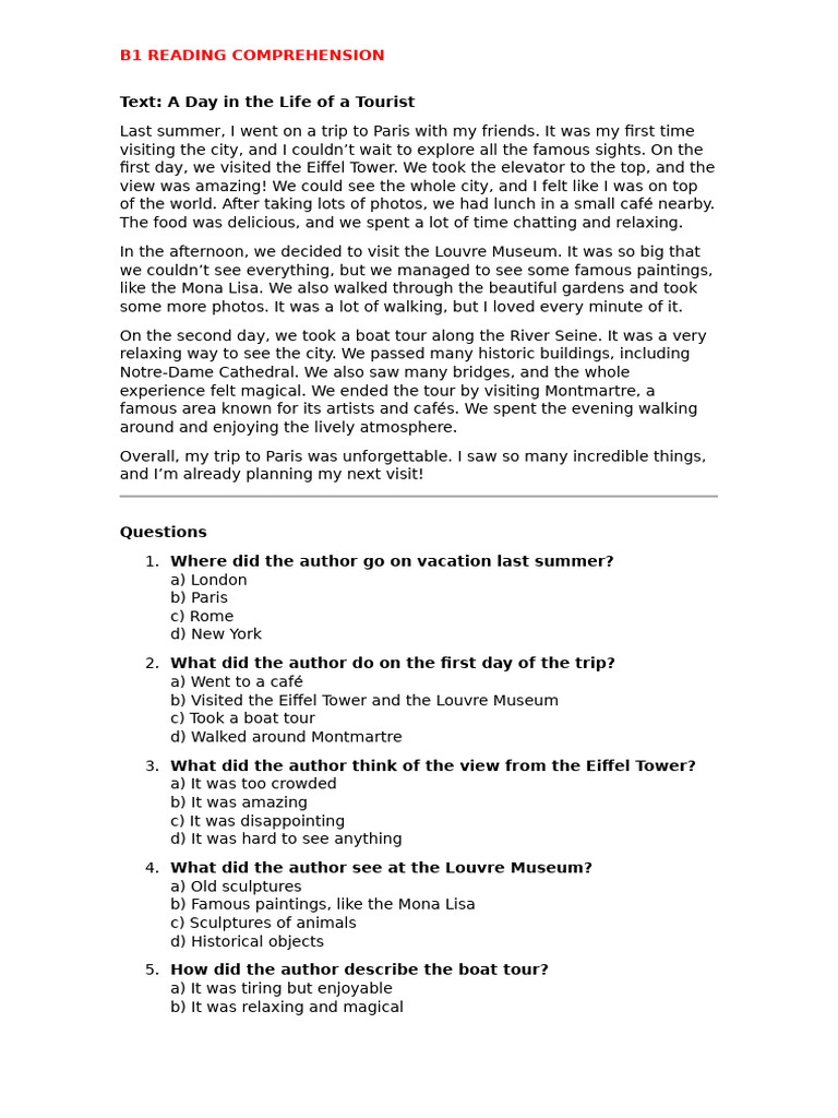 B1 Reading Comprehension | PDF | Paris
