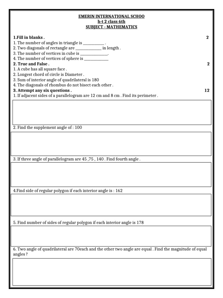 6th Grade Math Worksheet Answers | PDF