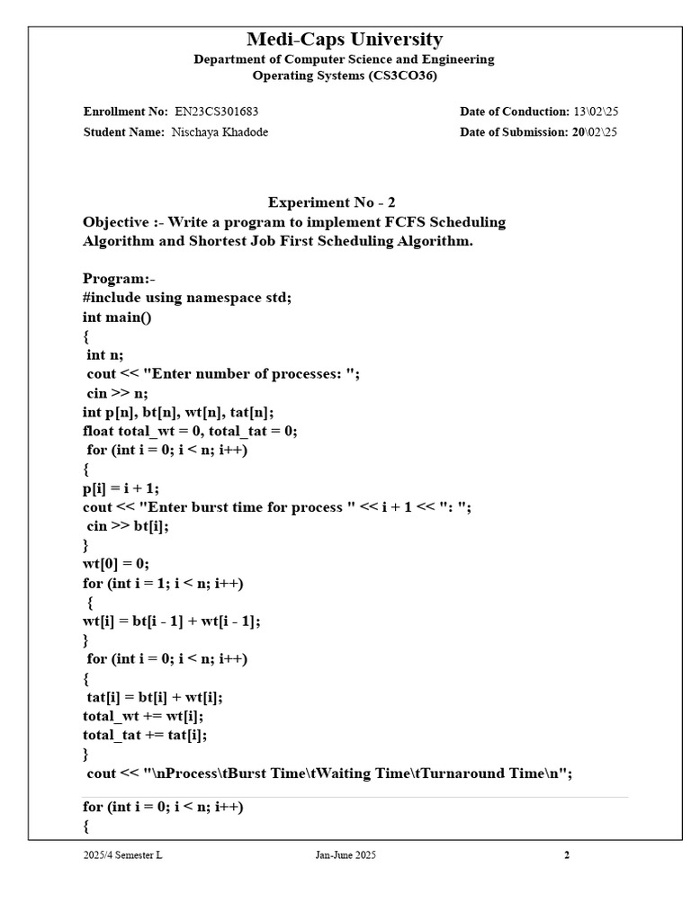 FCFS and SJF Scheduling Program Guide | PDF