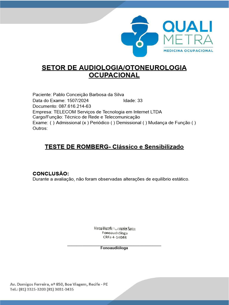 Teste Romberg Modelo | PDF