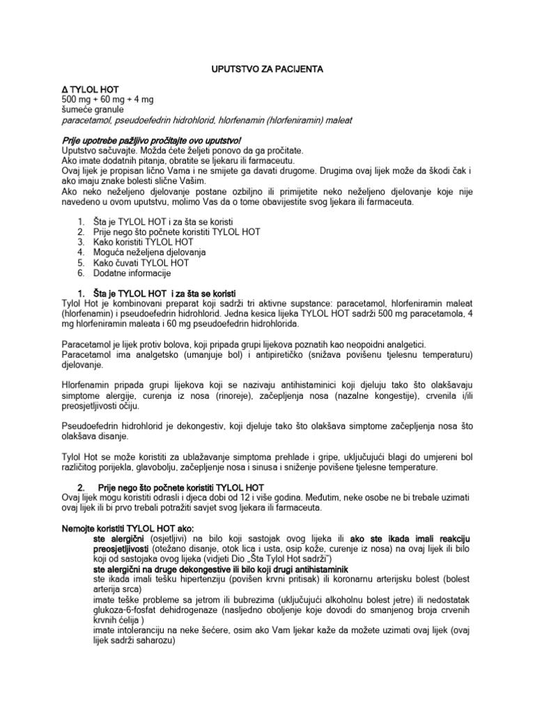 Tylol Hot 6 I 12 - Uputstvo Za Pacijenta | PDF