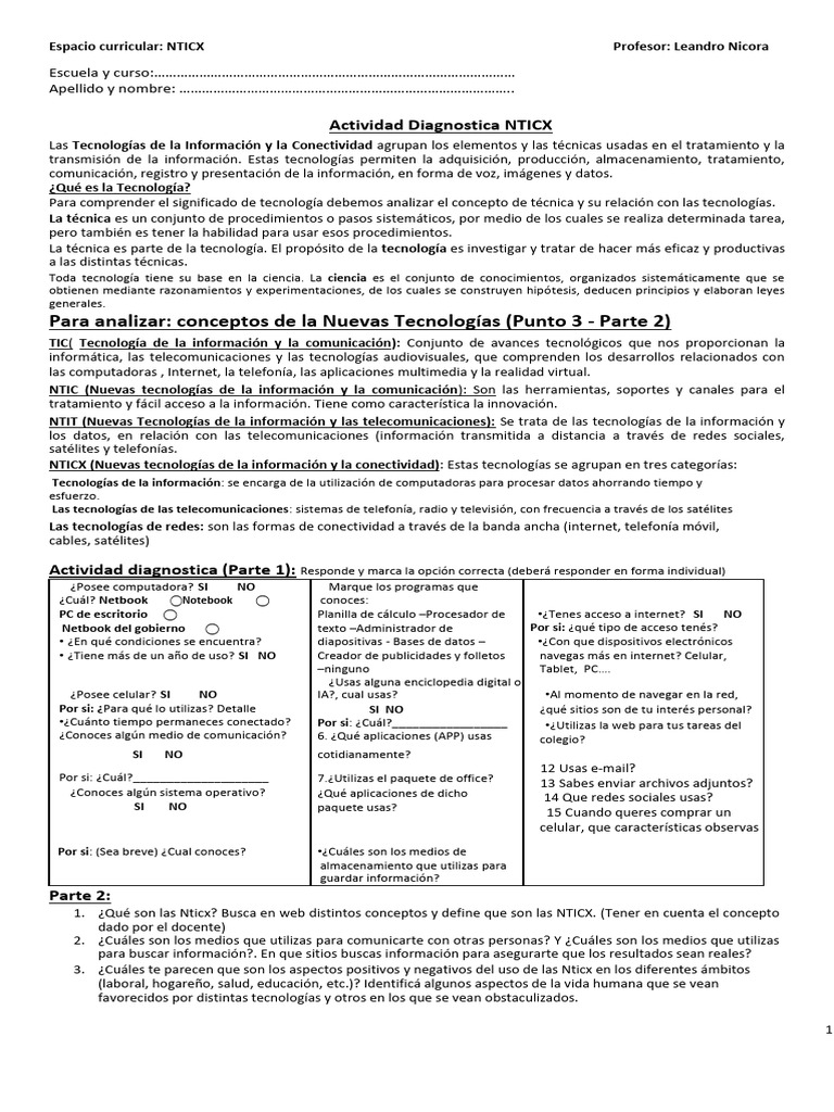 CLASE 1 DE NTICX (DIAGNOSTICO)- 4° AÑO | PDF | Tecnología de información y comunicaciones ...