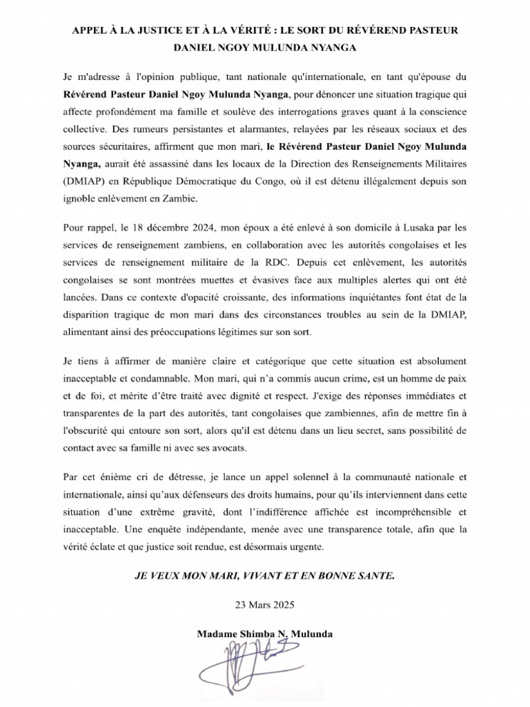 Past Mulunda APPEL À LA JUSTICE ET À LA VÉRITÉ | PDF