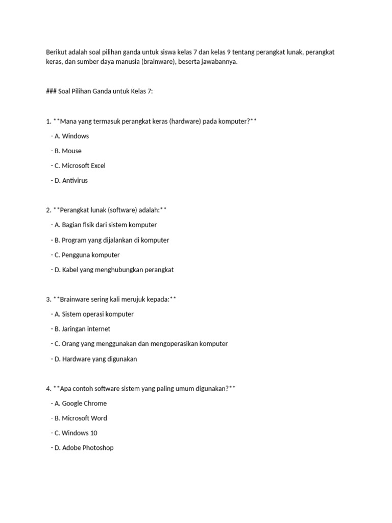 Berikut Adalah Soal Pilihan Ganda Untuk Siswa Kelas 7 Dan Kelas 9 ...