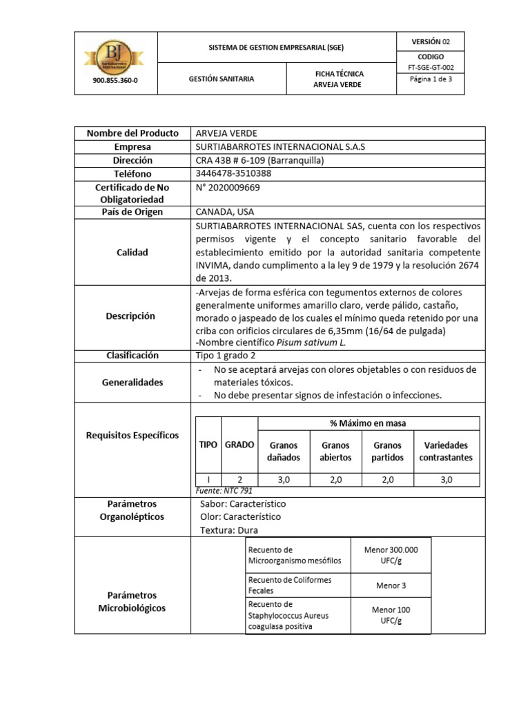 FT-SGE-GT-002 Arveja Verde V2 BJ | PDF | Etiqueta de información ...