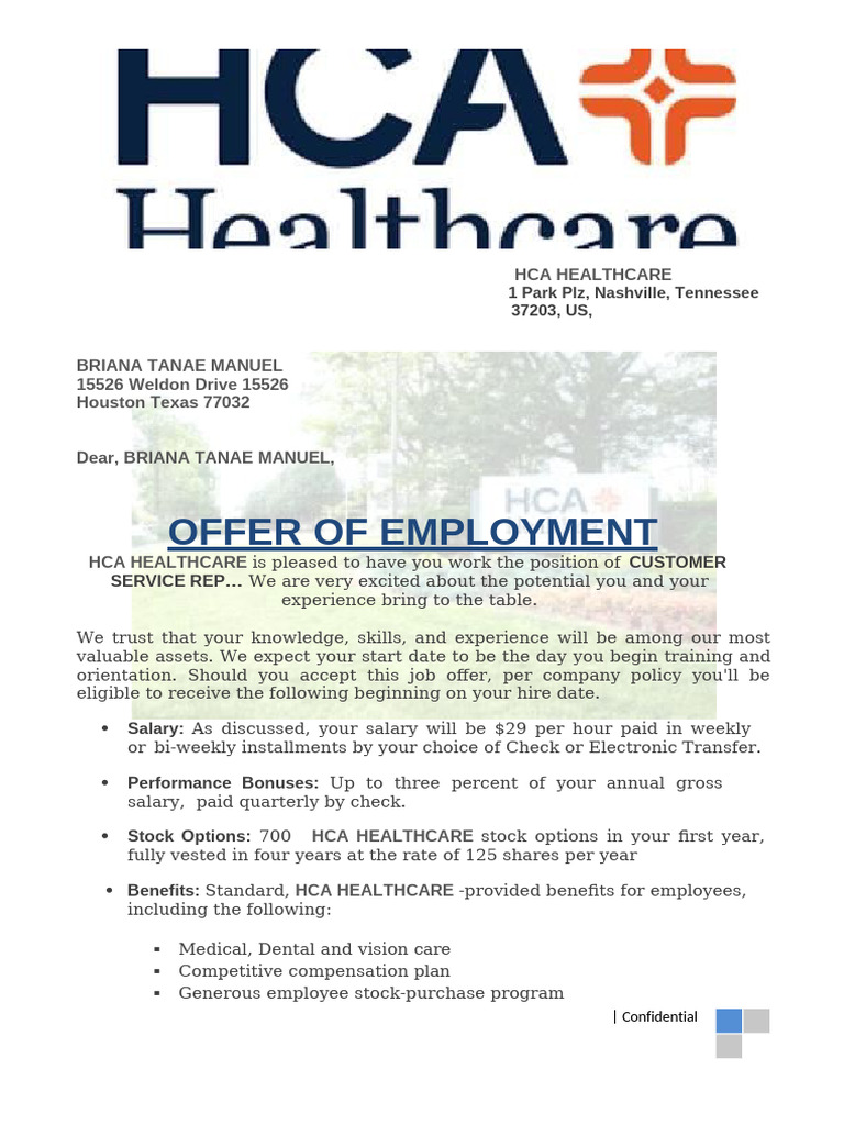 HCA Healthcare Job Offer Letter | PDF | Employment | Salary