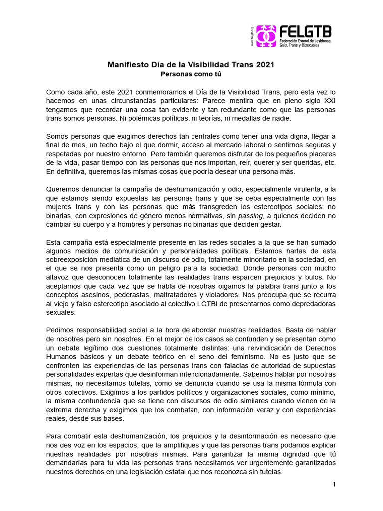 Manifiesto por la Visibilidad Trans 2021 | PDF | Transgénero | Estudios ...