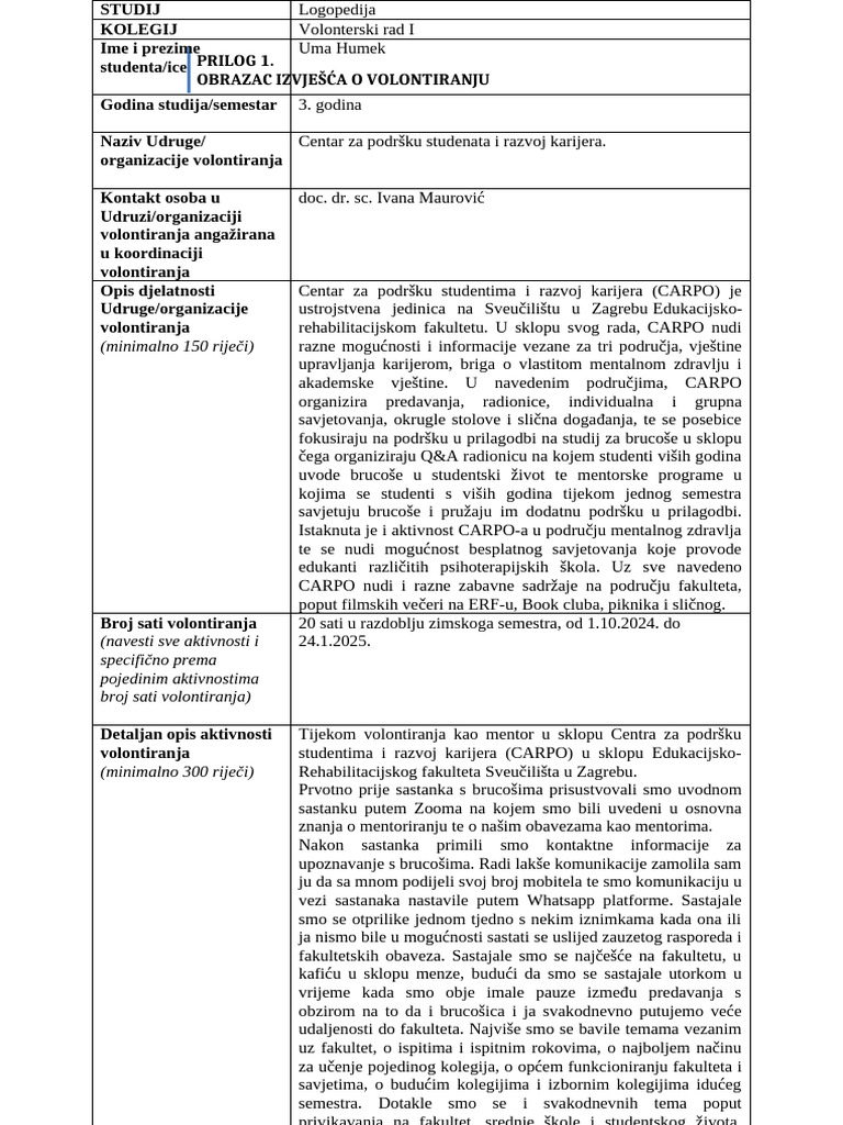 Obrazac Za Izvjesce | PDF