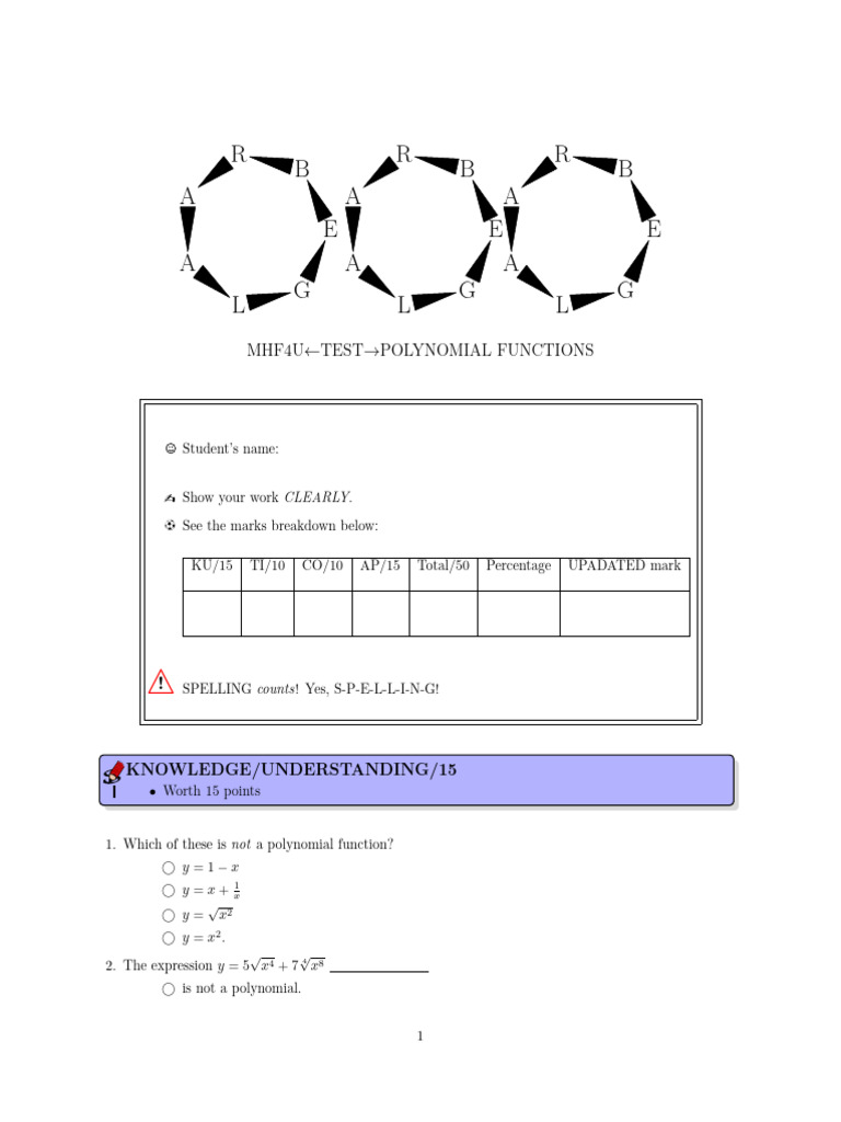 Mhf4u Polynomial Functions Test | PDF | Factorization | Polynomial