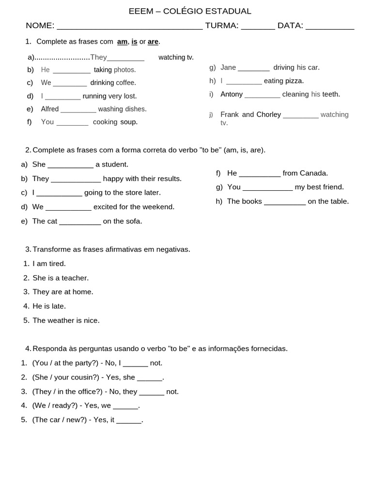 Verb To Be Exercises | PDF