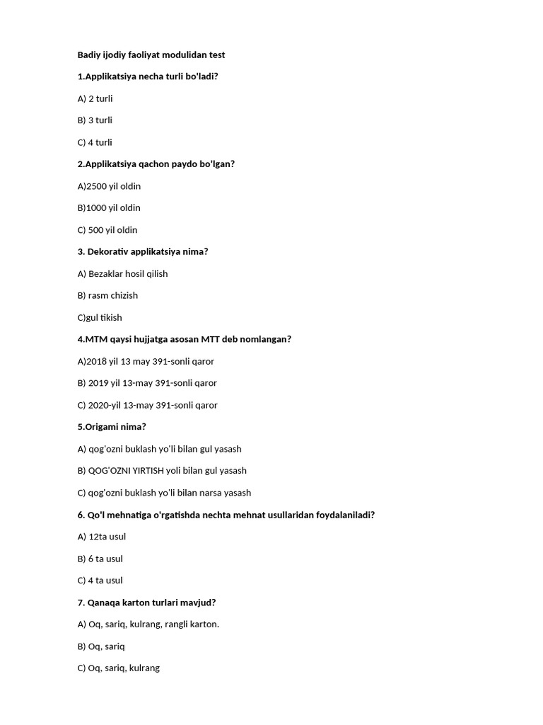 Badiy Ijodiy Faoliyat Modulidan Test | PDF